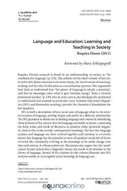 (PDF) Language and Education: Learning and Teaching in Society' Ruqaiya ...