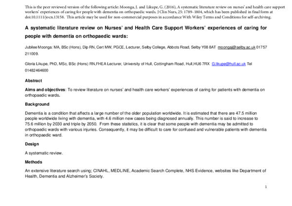 (PDF) A systematic literature review on nurses' and health care support workers' experiences of ...