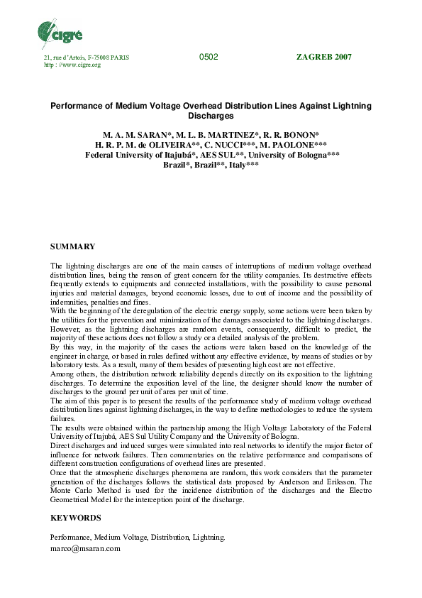 Pdf Performance Of Medium Voltage Overhead Distribution Lines Against Lightning Induced
