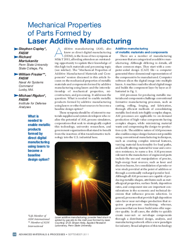 (PDF) Mechanical properties of parts formed by laser additive manufacturing