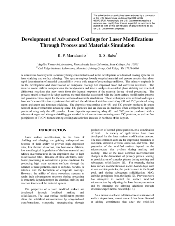 (PDF) Development of Advanced Coatings for Laser Modifications Through ...