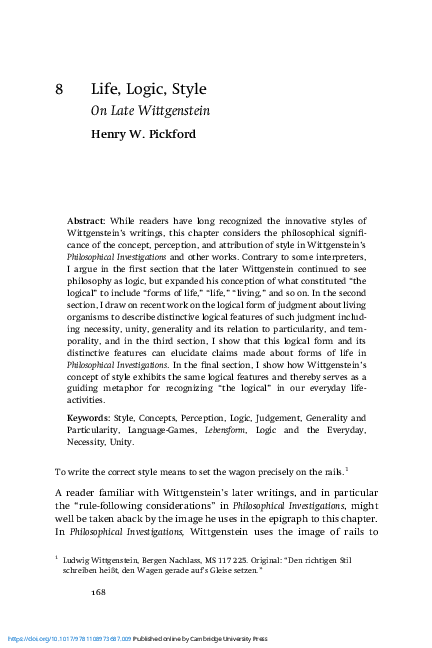 (PDF) Life, Logic, Style On Late Wittgenstein