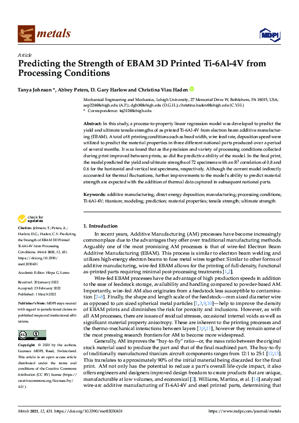 (PDF) Predicting the Strength of EBAM 3D Printed Ti-6Al-4V from ...