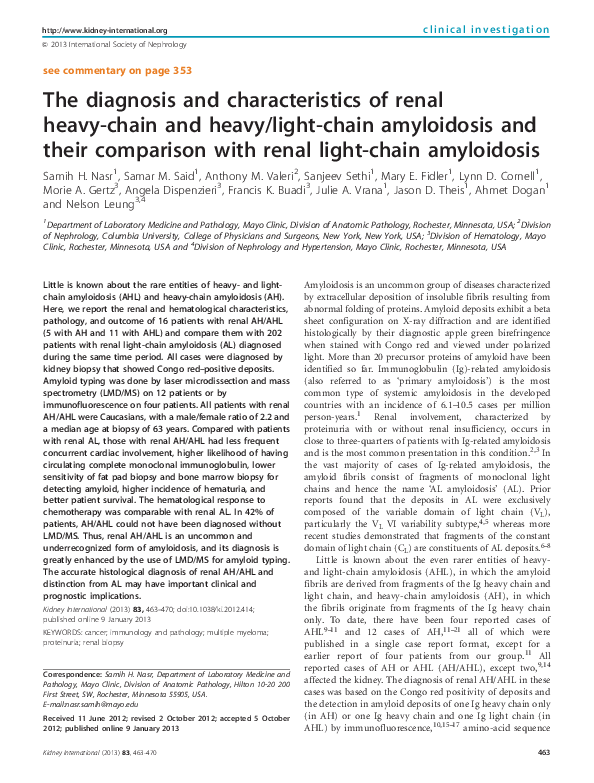 (PDF) The diagnosis and characteristics of renal heavy-chain and heavy/light-chain amyloidosis ...