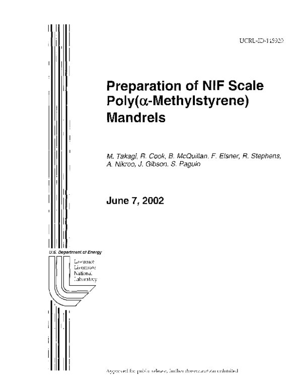 (PDF) Preparation of NIF Scale Poly ((alpha)-METHYLSTYRENE) Mandrels