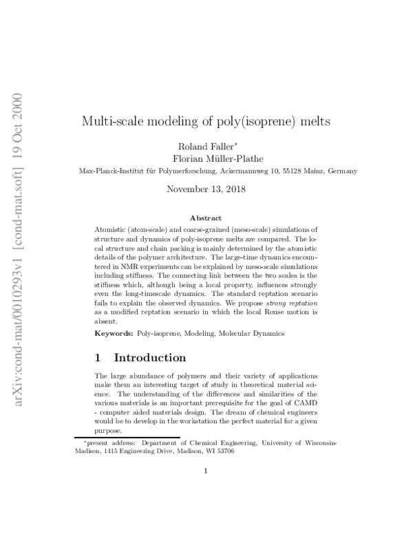 Pdf Multi Scale Modeling Of Poly Isoprene Melts Roland Faller