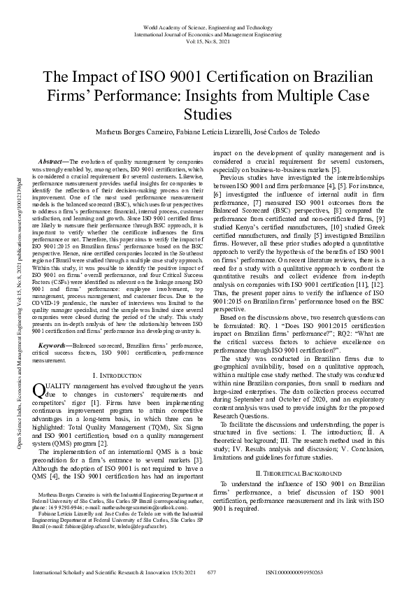 (PDF) The Impact of ISO 9001 Certification on Brazilian Firms’ Performance: Insights from ...