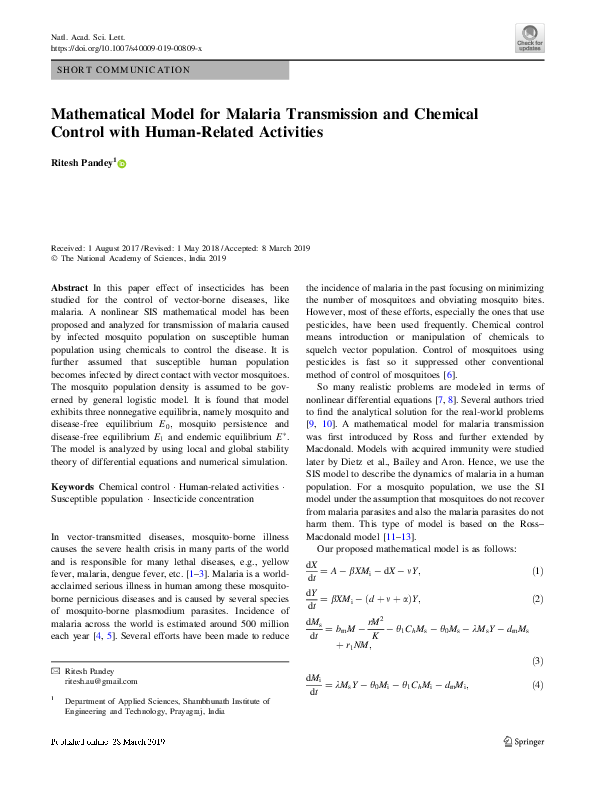 (PDF) Mathematical Model for Malaria Transmission and Chemical Control ...