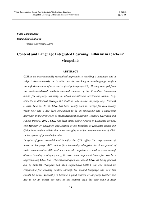 Content and Language Integrated Learning: Lithuanian Teachers’ Viewpoints