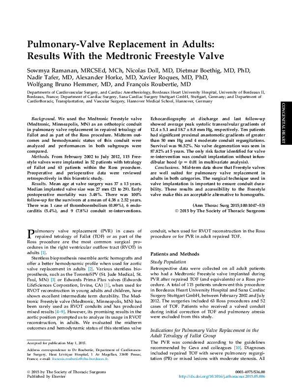 (PDF) Pulmonary-Valve Replacement in Adults: Results With the Medtronic ...