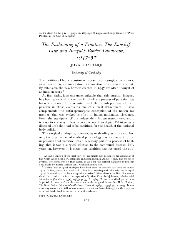 (PDF) The Fashioning of a Frontier: The Radcliffe Line and Bengal's ...
