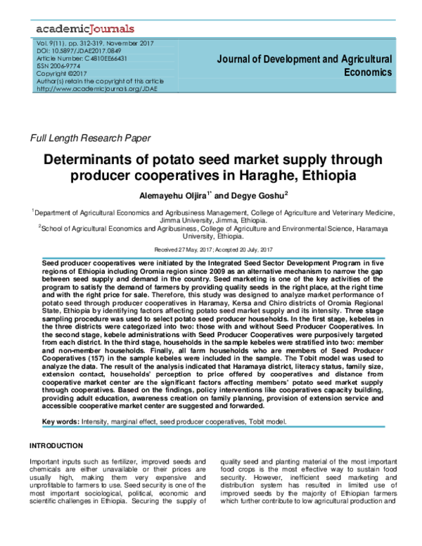 (PDF) Potato Seed Supply Factors in Ethiopia's Cooperatives