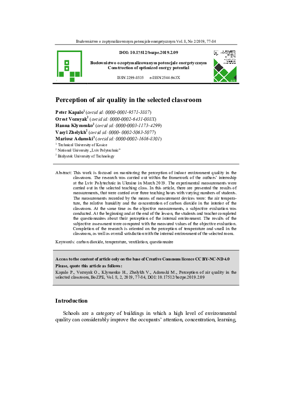 (PDF) Perception of air quality in the selected classroom