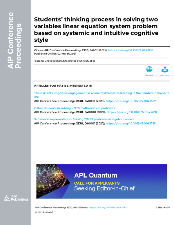 (PDF) Students’ thinking process in solving two variables linear ...