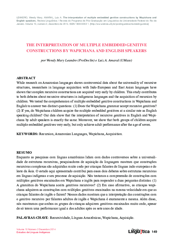 (PDF) The interpretation of multiple embedded genitive constructions by Wapichana and English ...