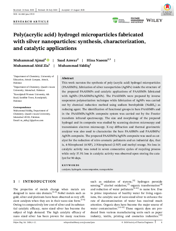 (PDF) Poly(acrylic acid) hydrogel microparticles fabricated with silver nanoparticles: synthesis ...
