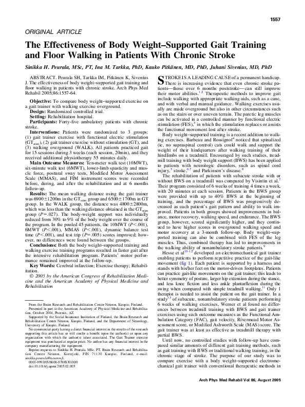 (PDF) The Effectiveness of Body Weight-Supported Gait Training and Floor Walking in Patients ...