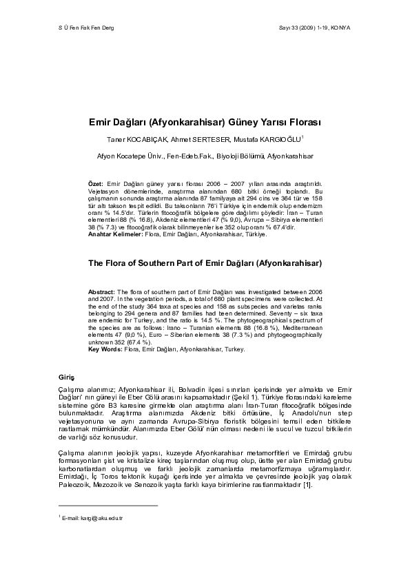 (PDF) Emir Dağları (Afyonkarahisar) Güney Yarısı Florası The Flora of Southern Part of Emir ...