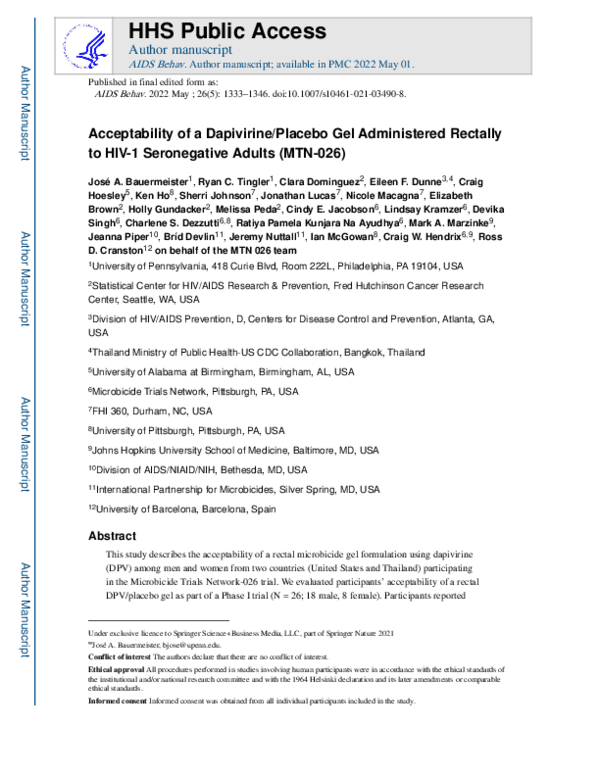 (PDF) Acceptability of a Dapivirine/Placebo Gel Administered Rectally ...
