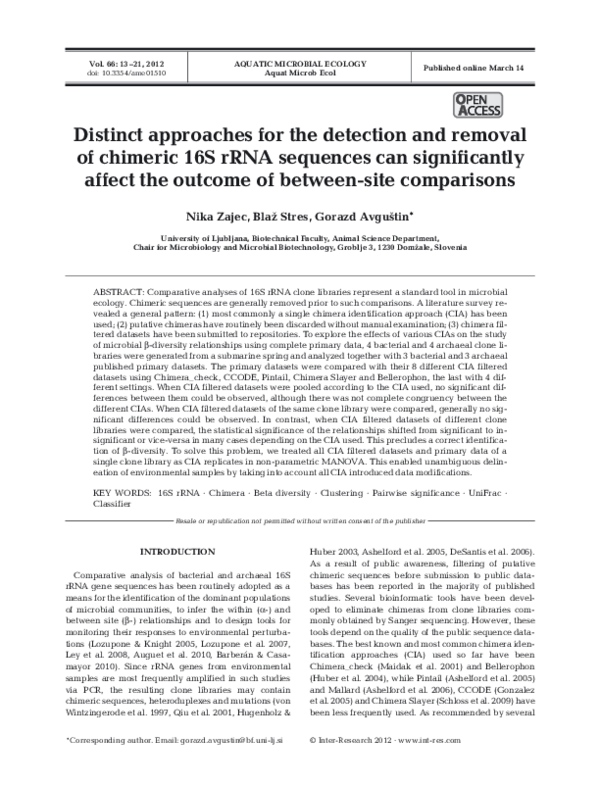 (PDF) Distinct approaches for the detection and removal of chimeric 16S ...