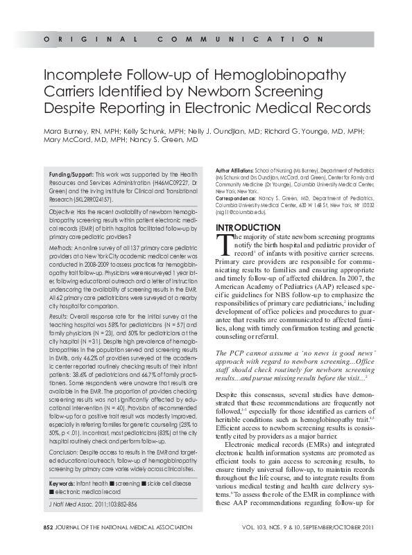 (PDF) Incomplete Follow-up of Hemoglobinopathy Carriers Identified by ...
