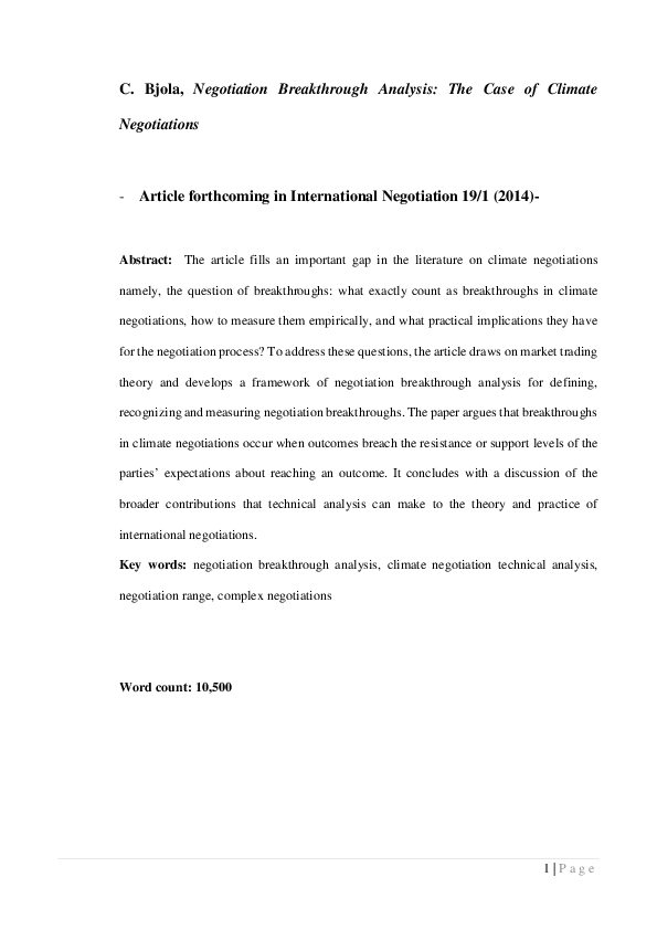 (PDF) Negotiation Breakthrough Analysis: The Case of Climate Negotiations