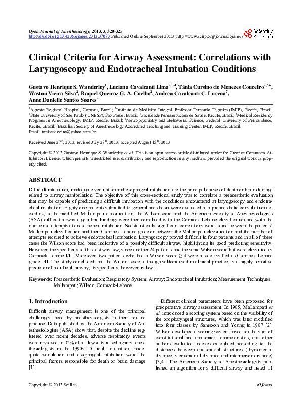 (PDF) Clinical Criteria for Airway Assessment: Correlations with ...