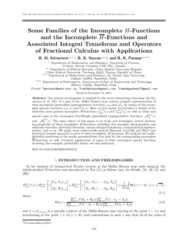 Pdf Some Families Of The Incomplete H Functions And The Incomplete Overline H H