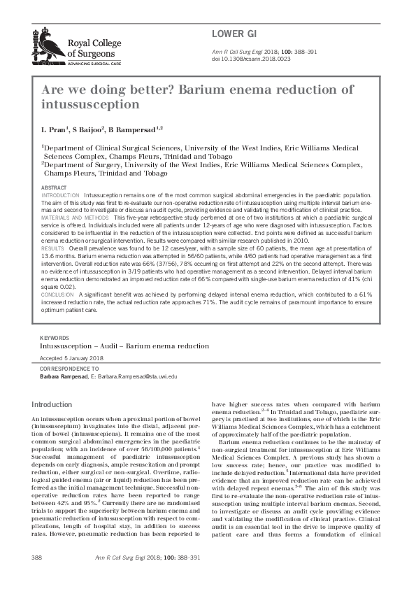 (PDF) Are we doing better? Barium enema reduction of intussusception