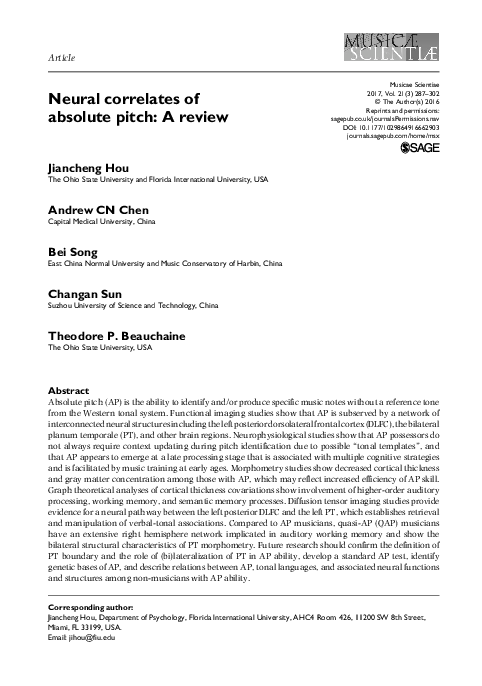 Pdf Neural Correlates Of Absolute Pitch A Review