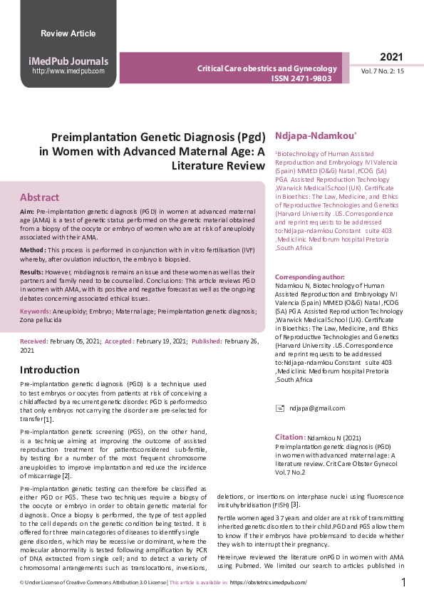 (PDF) Preimplantation Genetic Diagnosis (Pgd) in Women with Advanced Maternal Age: A Literature ...