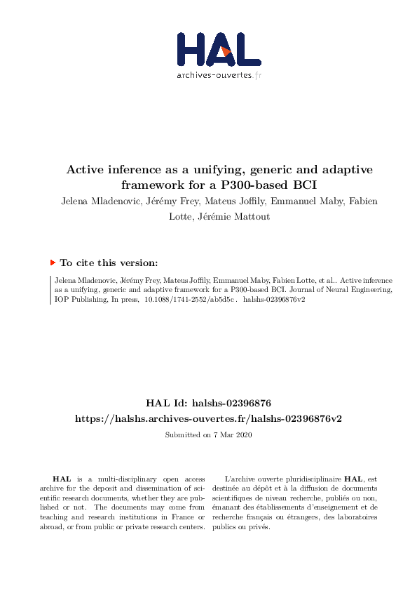 (PDF) Active inference as a unifying, generic and adaptive framework for a P300-based BCI