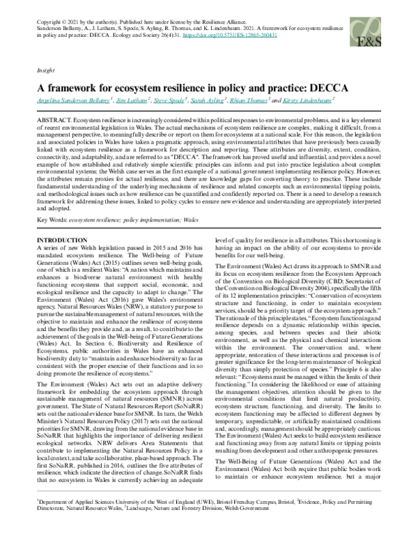 (PDF) A framework for ecosystem resilience in policy and practice: DECCA