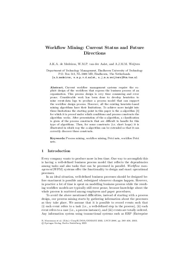 Pdf Workflow Mining Current Status And Future Directions