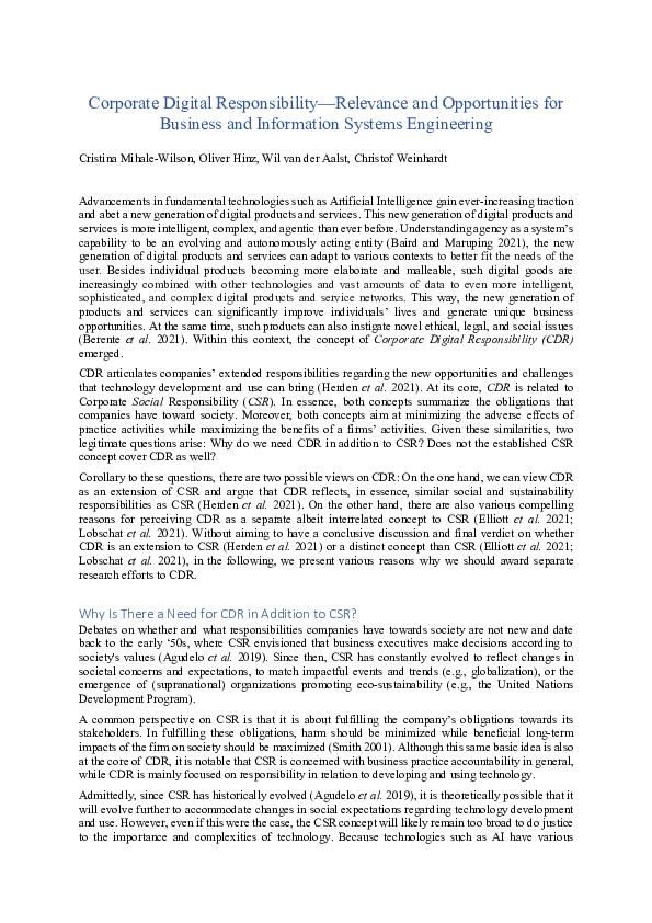 (PDF) Corporate Digital Responsibility-Relevance and Opportunities for ...