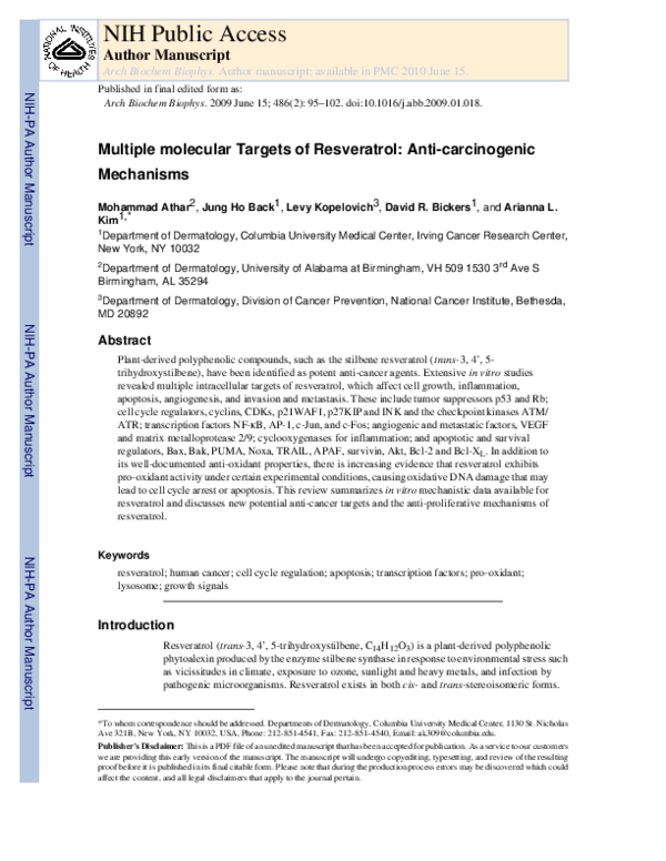 (PDF) Multiple molecular targets of resveratrol: Anti-carcinogenic ...