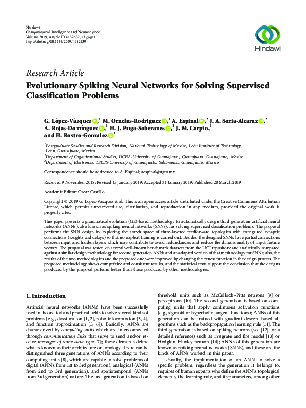 Pdf Evolutionary Spiking Neural Networks For Solving Supervised Classification Problems