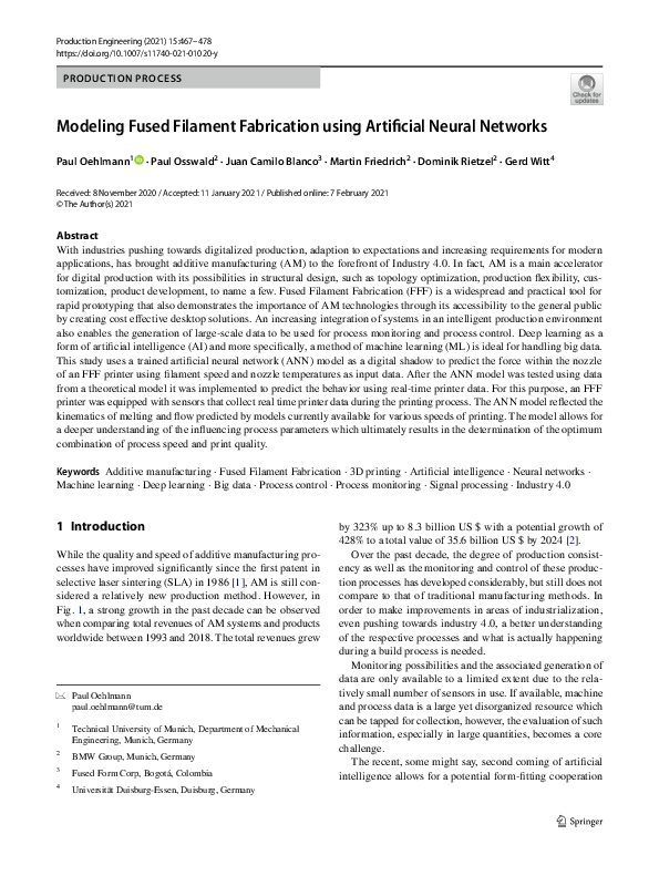 (PDF) Modeling Fused Filament Fabrication using Artificial Neural Networks