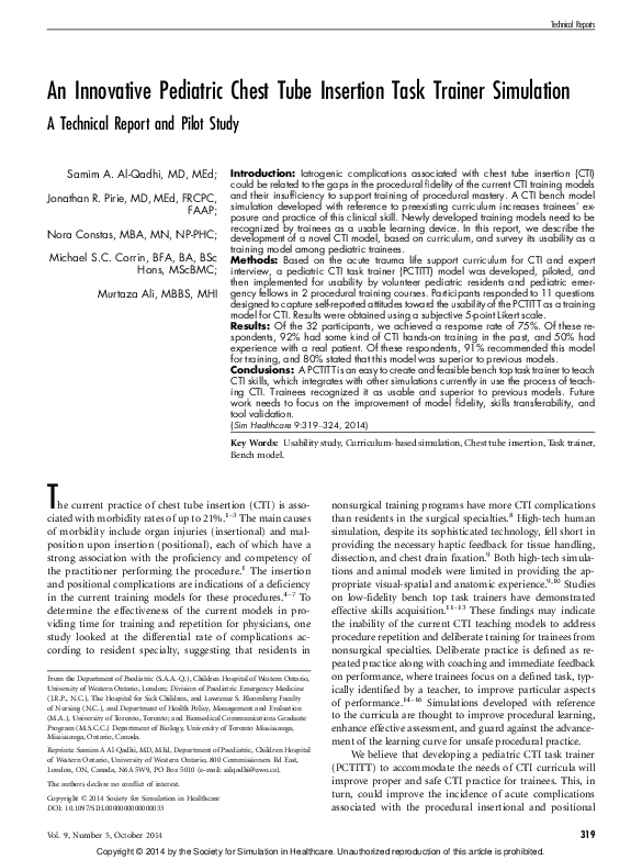(PDF) An innovative pediatric chest tube insertion task trainer ...