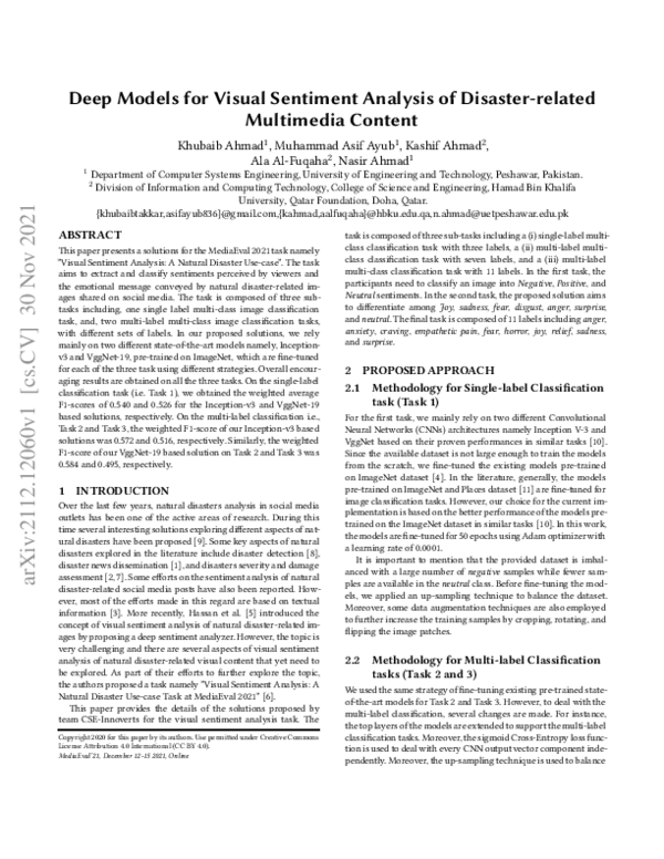 (PDF) Deep Models for Visual Sentiment Analysis of Disaster-related Multimedia Content