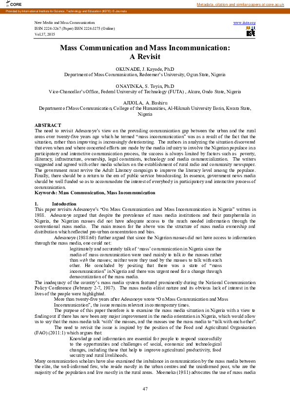 (PDF) Mass Communication and Mass Incommunication: A Revisit