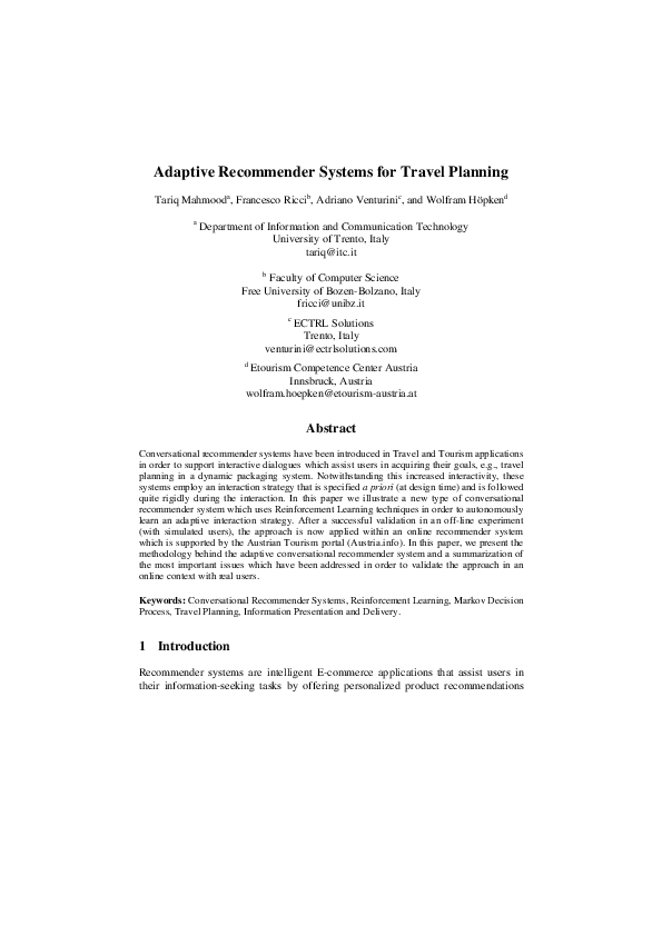 Pdf Adaptive Recommender Systems For Travel Planning Francesco Ricci
