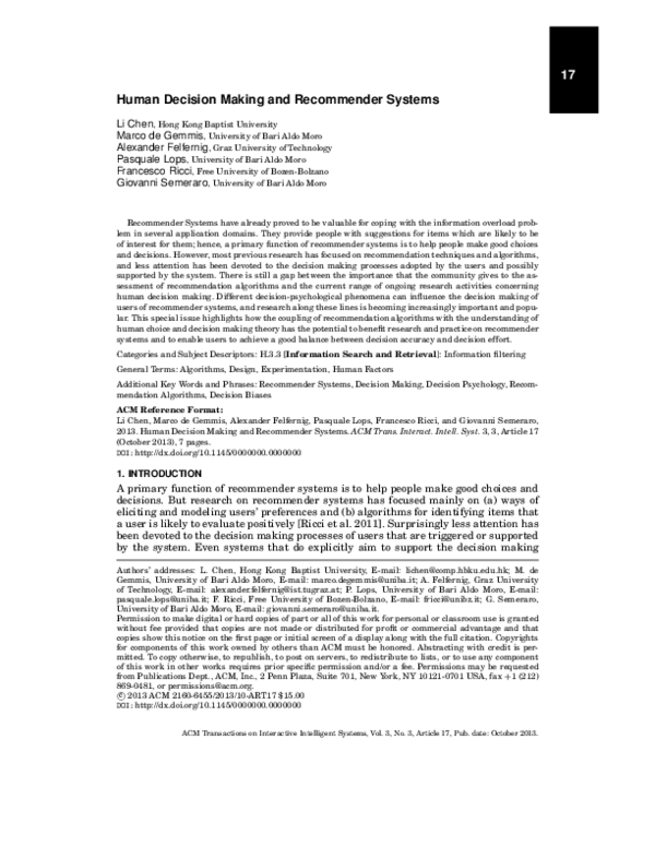 (PDF) Human Decision Making and Recommender Systems