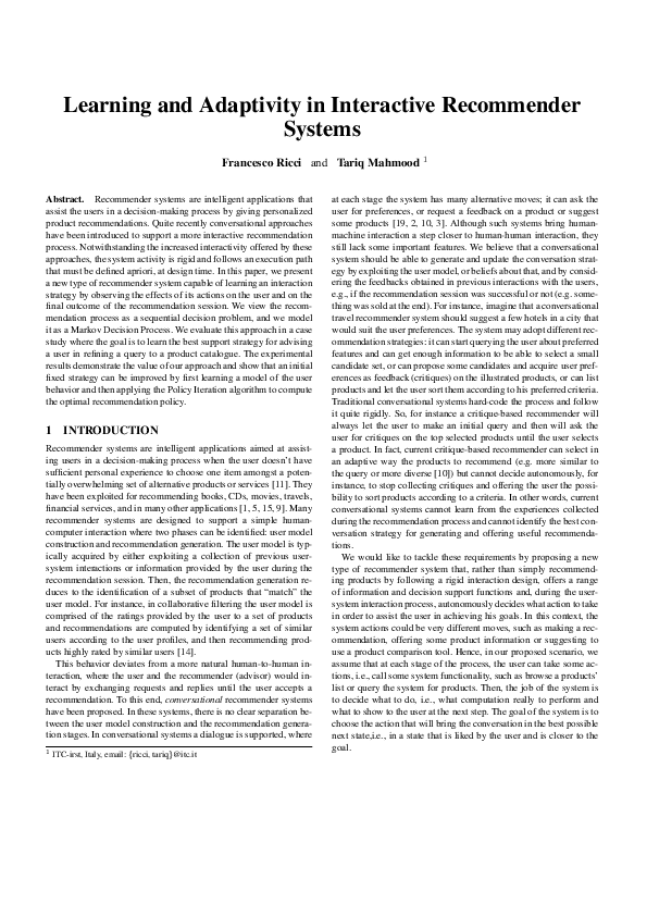 (PDF) Learning and adaptivity in interactive recommender systems