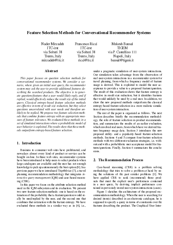 (PDF) Feature Selection Methods for Conversational Recommender Systems