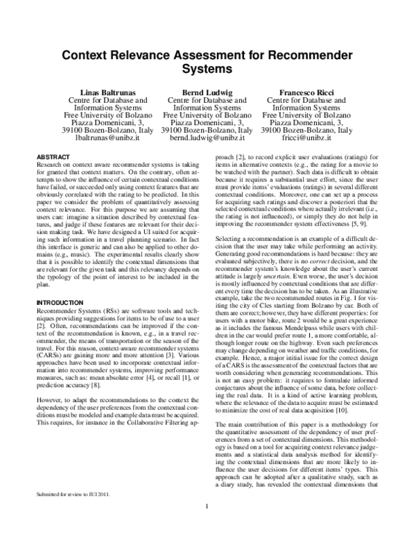 (PDF) Context relevance assessment for recommender systems
