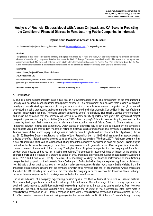(PDF) Analysis of Financial Distress Model with Altman, Zmijewski and CA Score in Predicting the ...