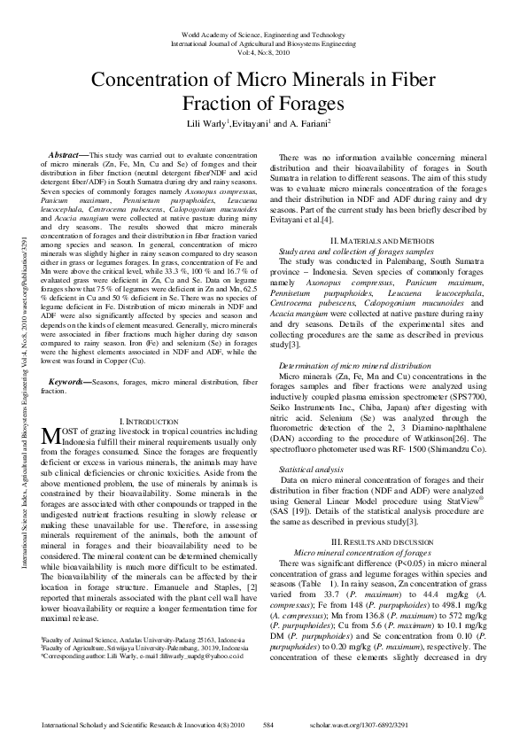 (PDF) Concentration Of Micro Minerals In Fiber Fraction Of Forages
