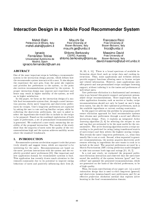 (PDF) Interaction Design in a Mobile Food Recommender System