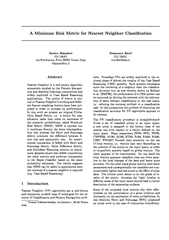 (PDF) A minimum risk metric for nearest neighbor classification